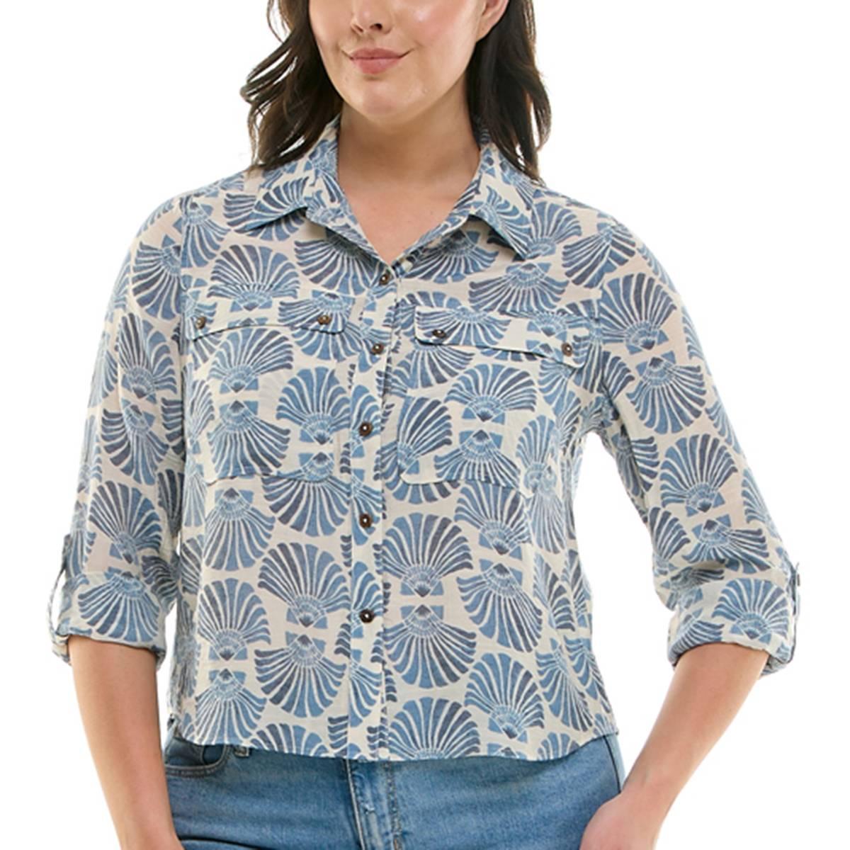 Womens Zac & Rachel 3/4 Roll Tab Sleeve Seashell Button Down