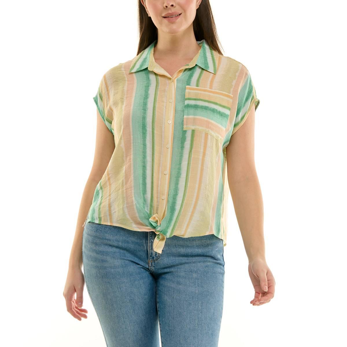 Click here for Petite Zac & Rachel Cap Sleeve Stripe Tie Front Bl... prices