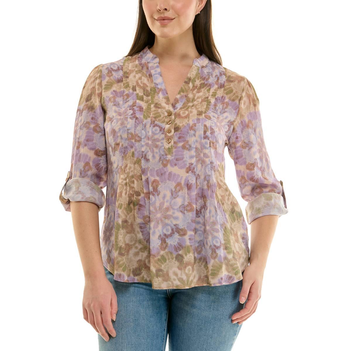 Click here for Womens Zac & Rachel 3/4 Roll Sleeve Watercolor Flo... prices