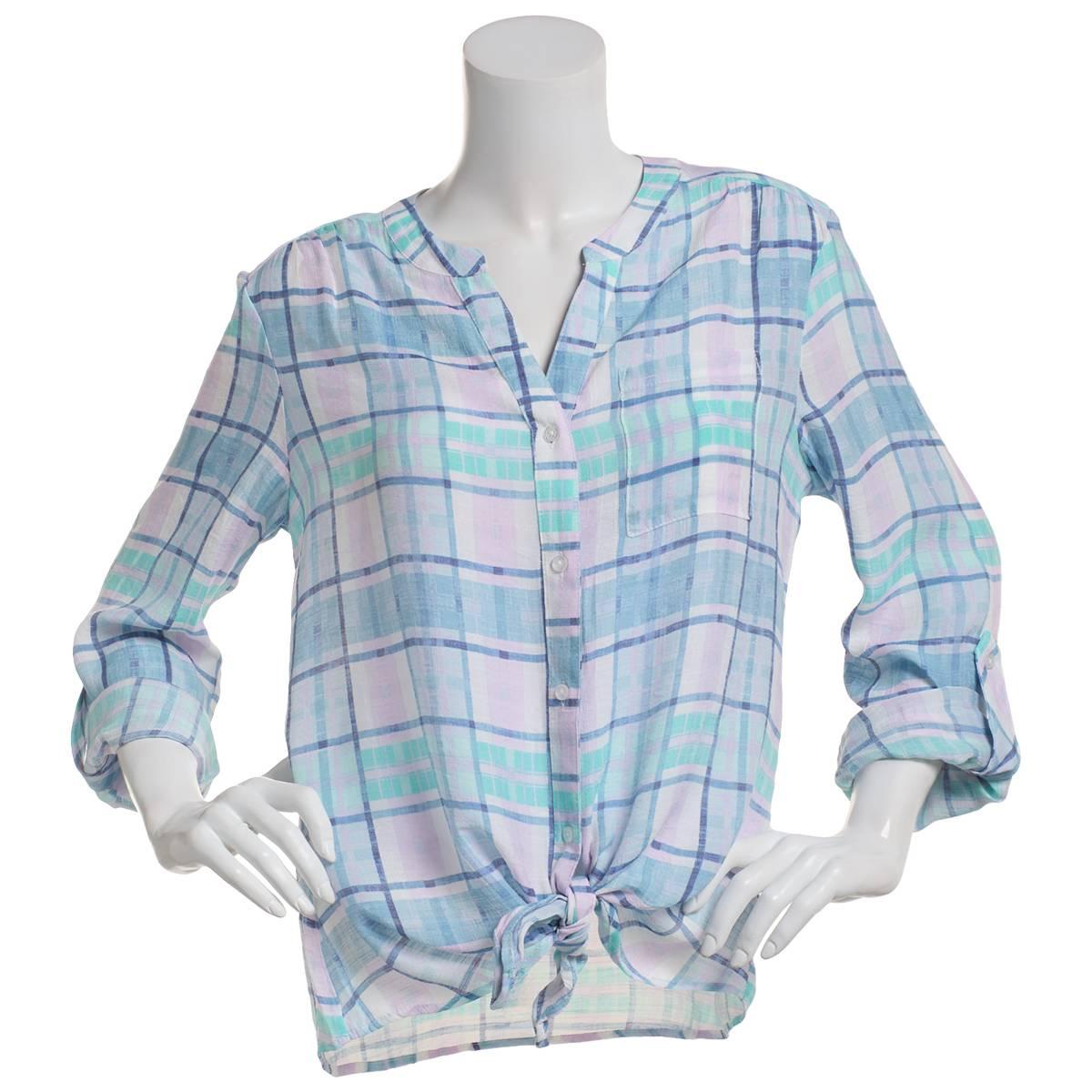 Click here for Womens Zac & Rachel 3/4 Sleeve Plaid Tie Front But... prices