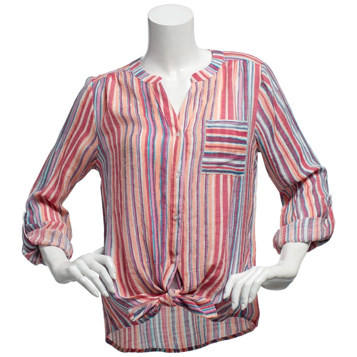 Click here for Womens Zac & Rachel Roll Sleeve Tie Front Stripe B... prices