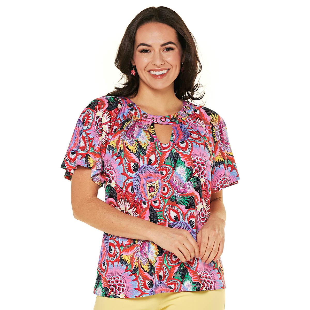 Click here for Womens Zac & Rachel Short Sleeve Keyhole Neck Flor... prices
