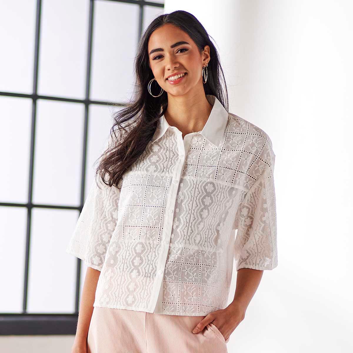 Click here for Petite Zac & Rachel 3/4 Sleeve Mixed Media Blouse prices