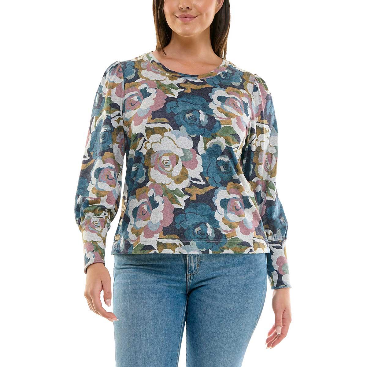 Womens Zac & Rachel Long Extended Cuff Sleeve Floral Blouse
