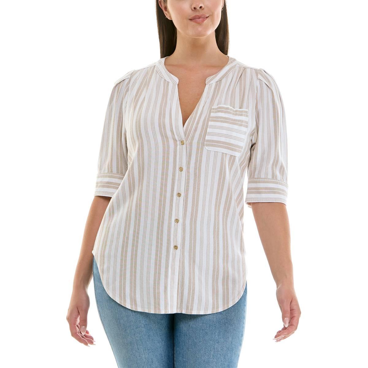 Click here for Womens Zac & Rachel Elbow Sleeve Stripe Linen Butt... prices