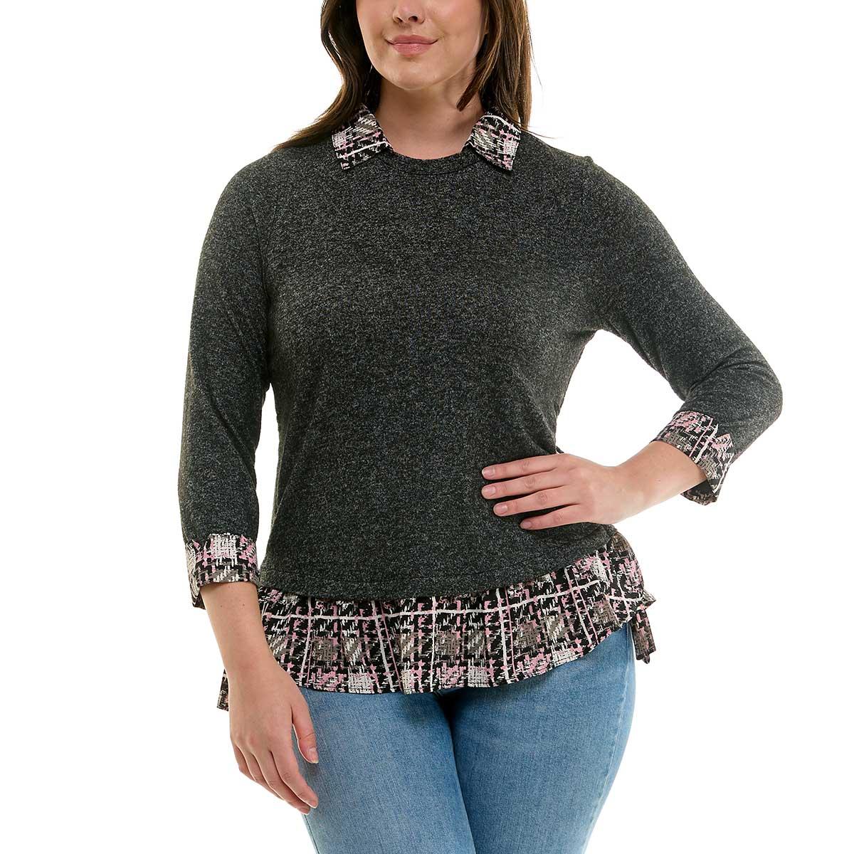 Click here for Womens Zac & Rachel 3/4 Sleeve Plaid Two in One Sw... prices