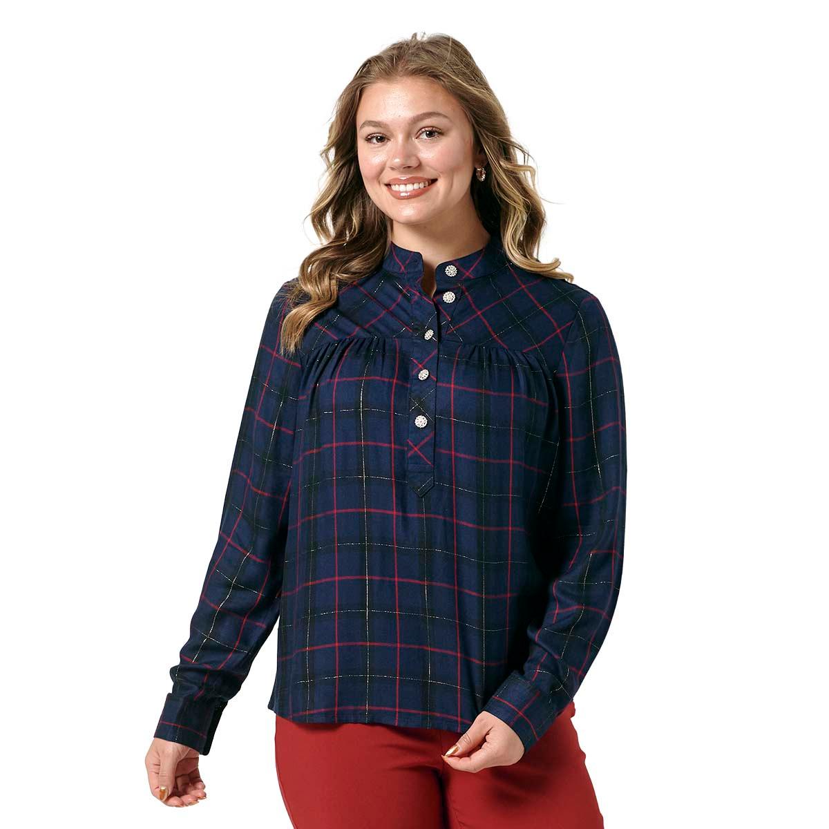 Click here for Womens Zac & Rachel Holiday Plaid Mandarin Collar... prices