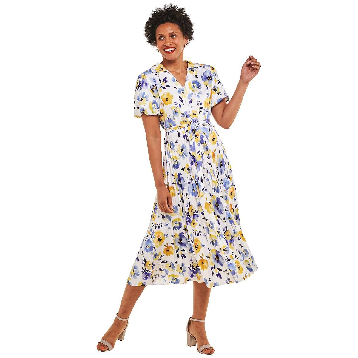 Click here for Womens Sharagano Puff Sleeve Floral Pleated Midi D... prices