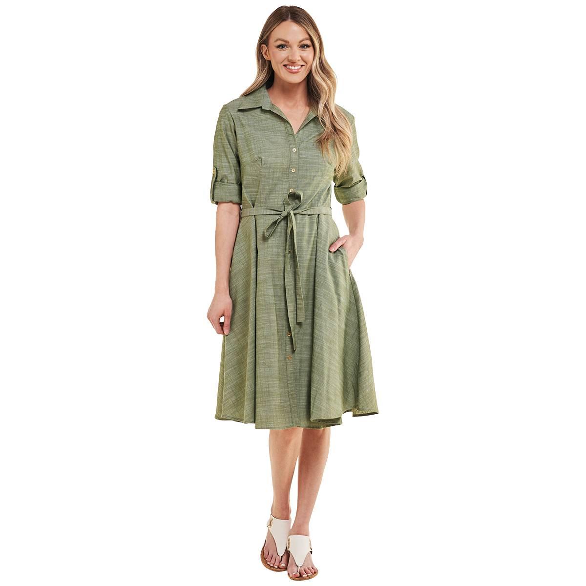 Click here for Womens Sharagano Solid 3/4 Roll Tab Sleeve Tie Wai... prices