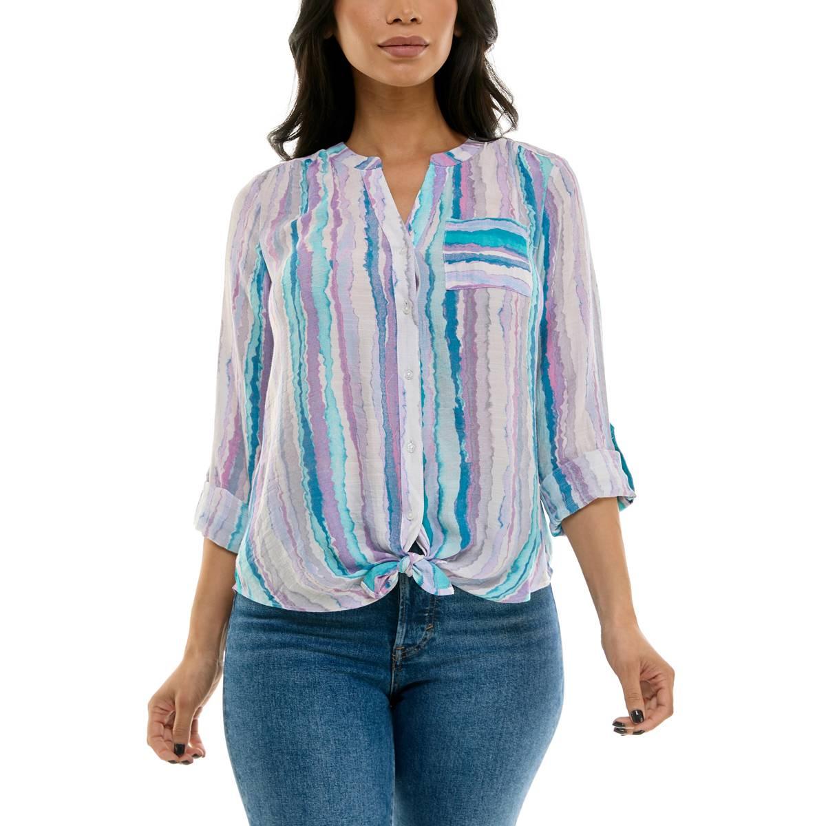 Click here for Womens Zac & Rachel 3/4 Sleeve Stripe Tie Front Bu... prices