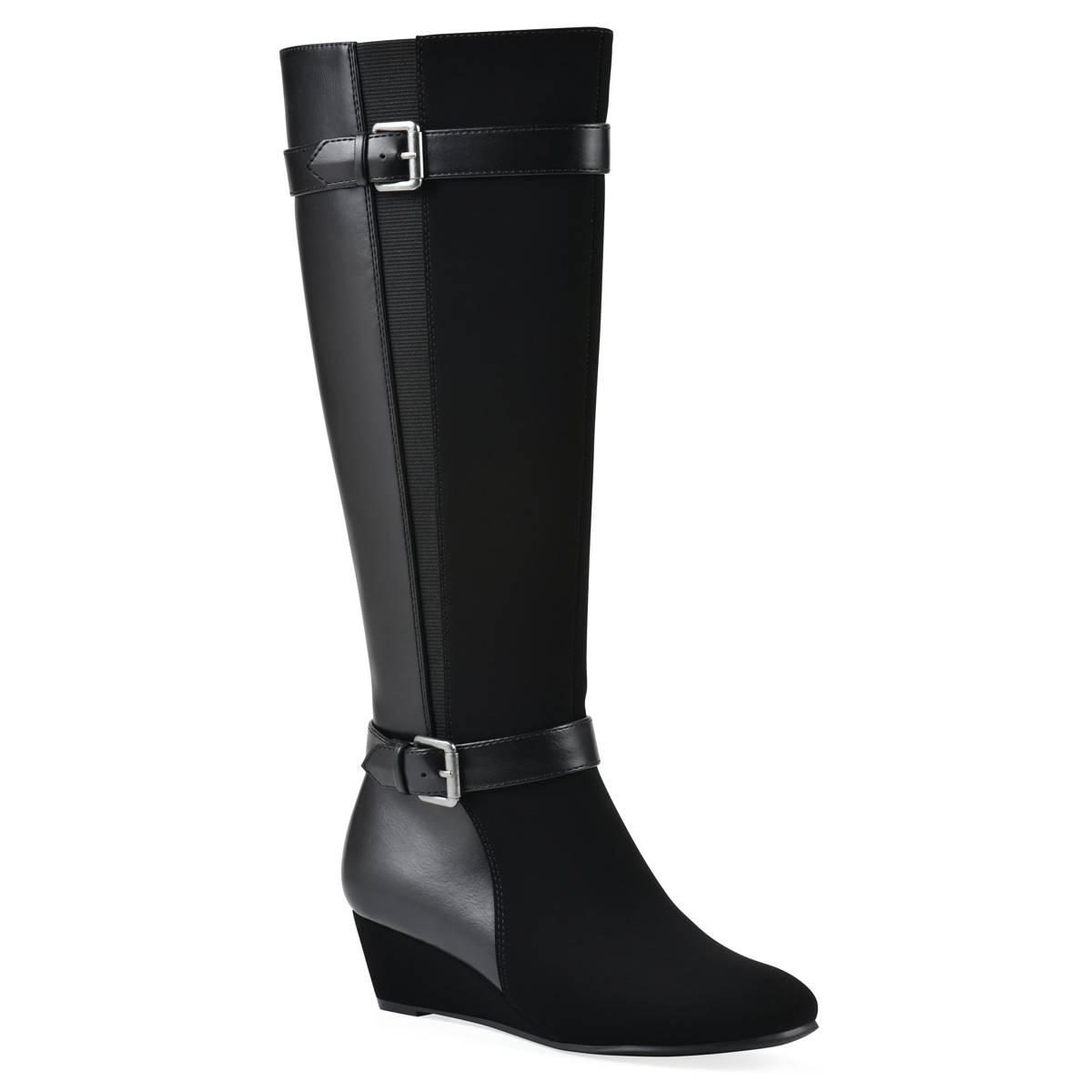 White Mountain Womens Cheers Tall Shaft Wide Calf Wedge Boot - Black