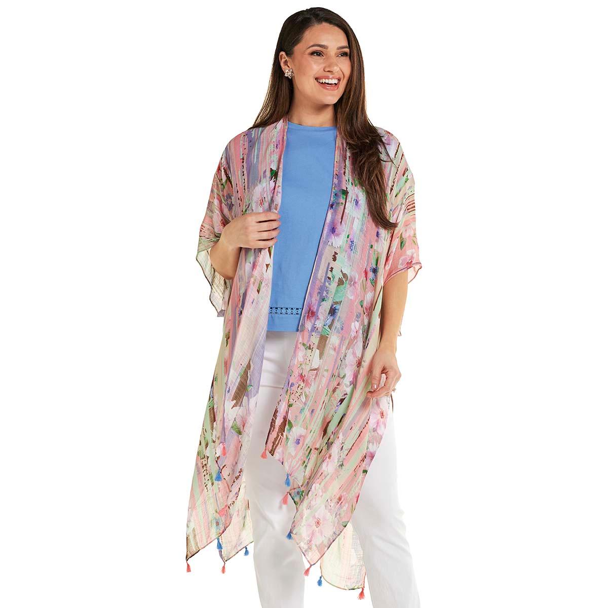 Click here for Womens Modena Abstract Floral Kimono with Tassels prices