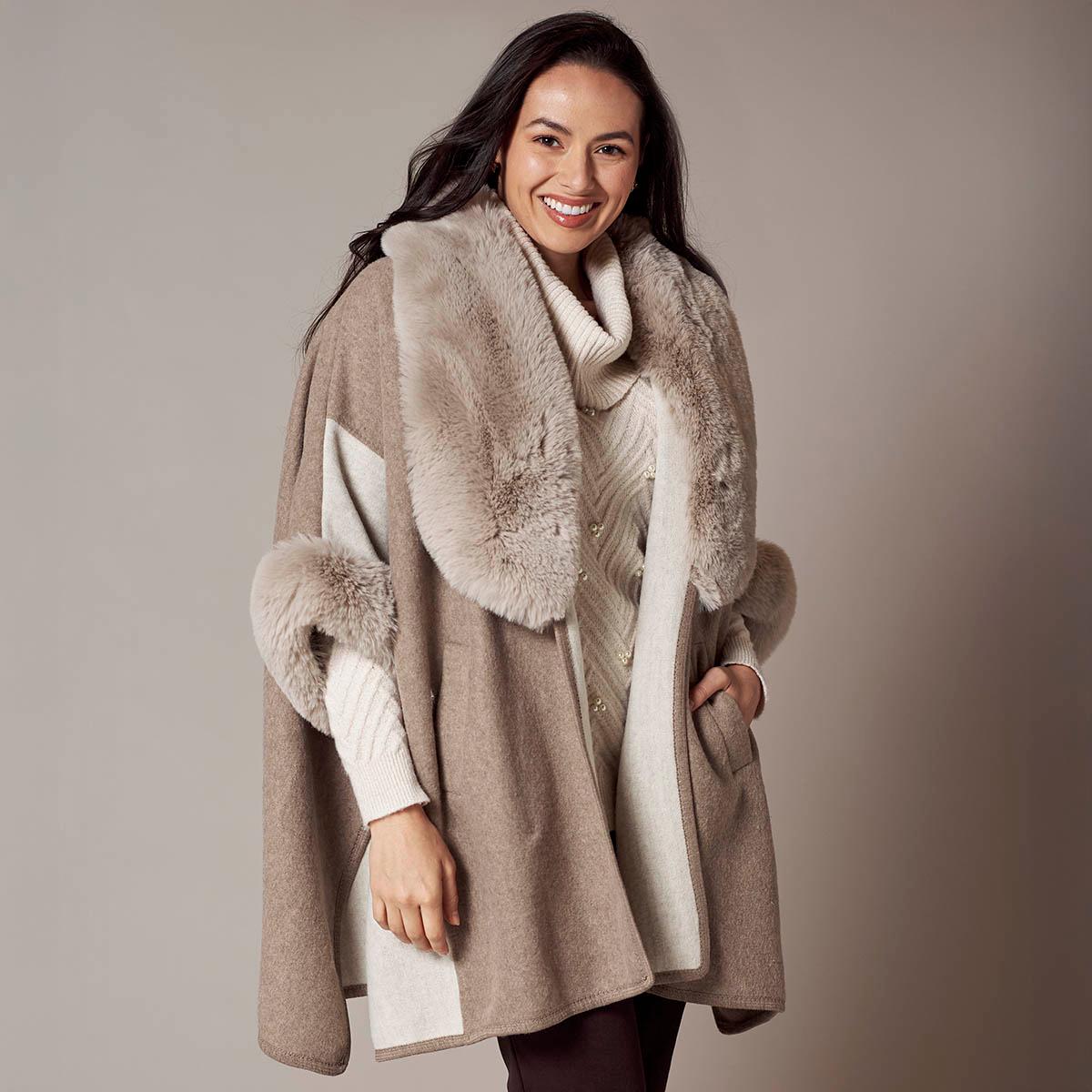 Click here for Womens Modena Two Tone Faux Fur Trim Wrap prices
