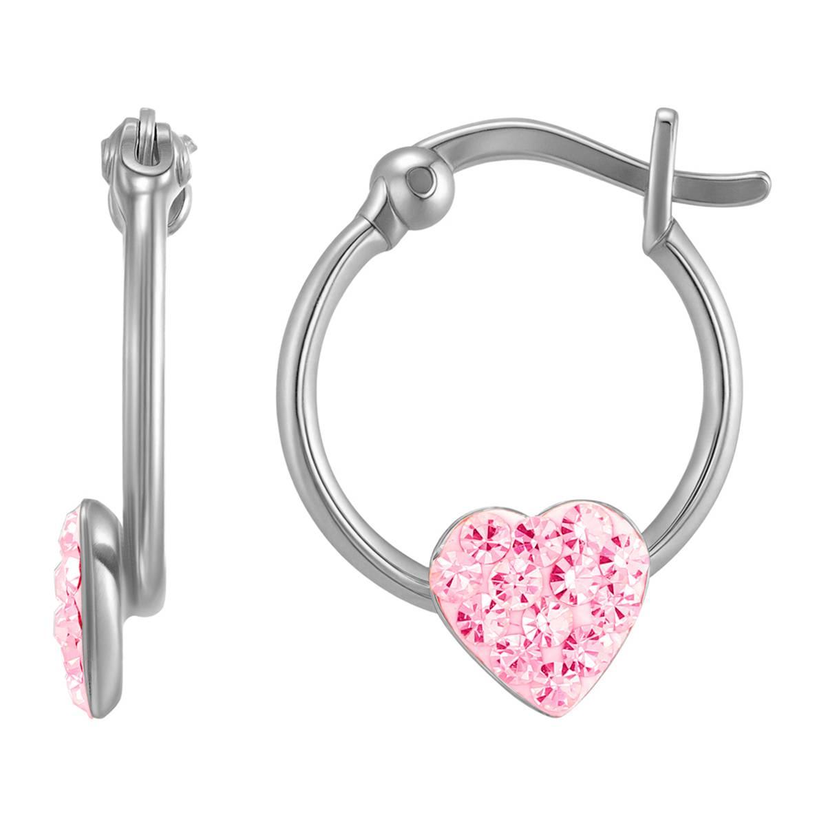 Click here for Sterling Silver Pink Crystal Heart Shape Hoop Earr... prices