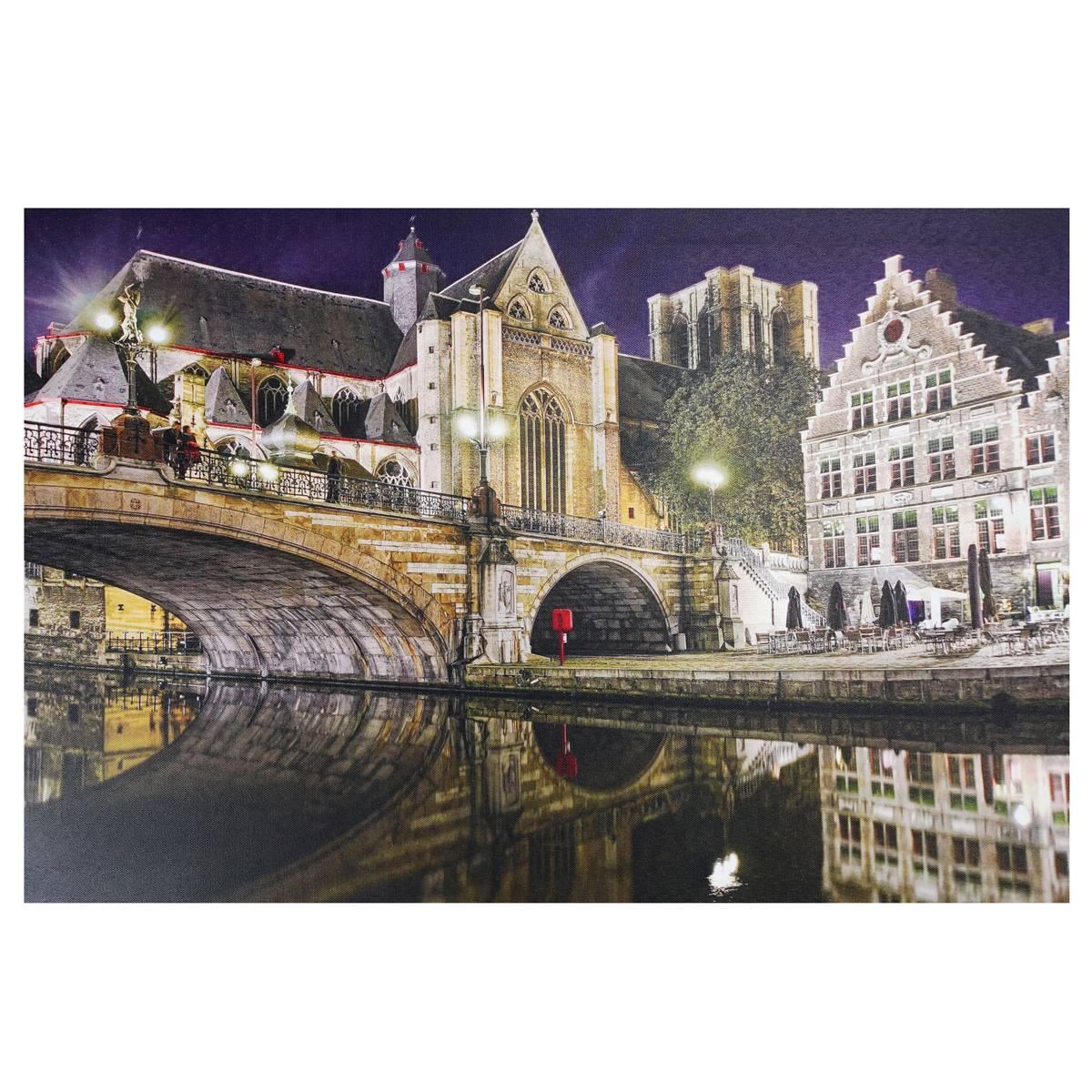 LED Lighted Famous St. Michaels Bridge and Church in Ghent Belgium Canvas Wall Art 15.75 x 23.5  One Size  Brown