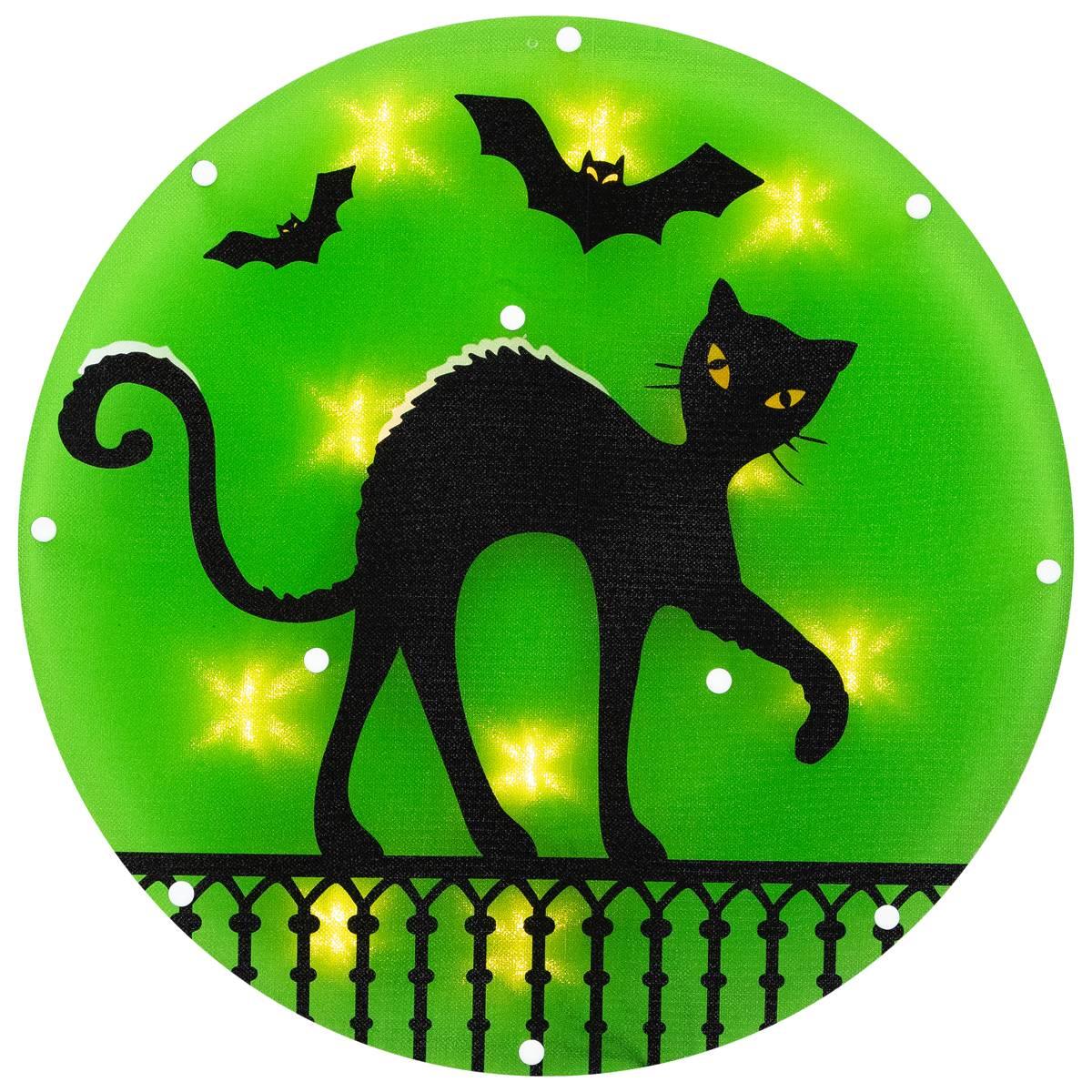 Lighted Black Cat Halloween Window Silhouette  13.75 - Green