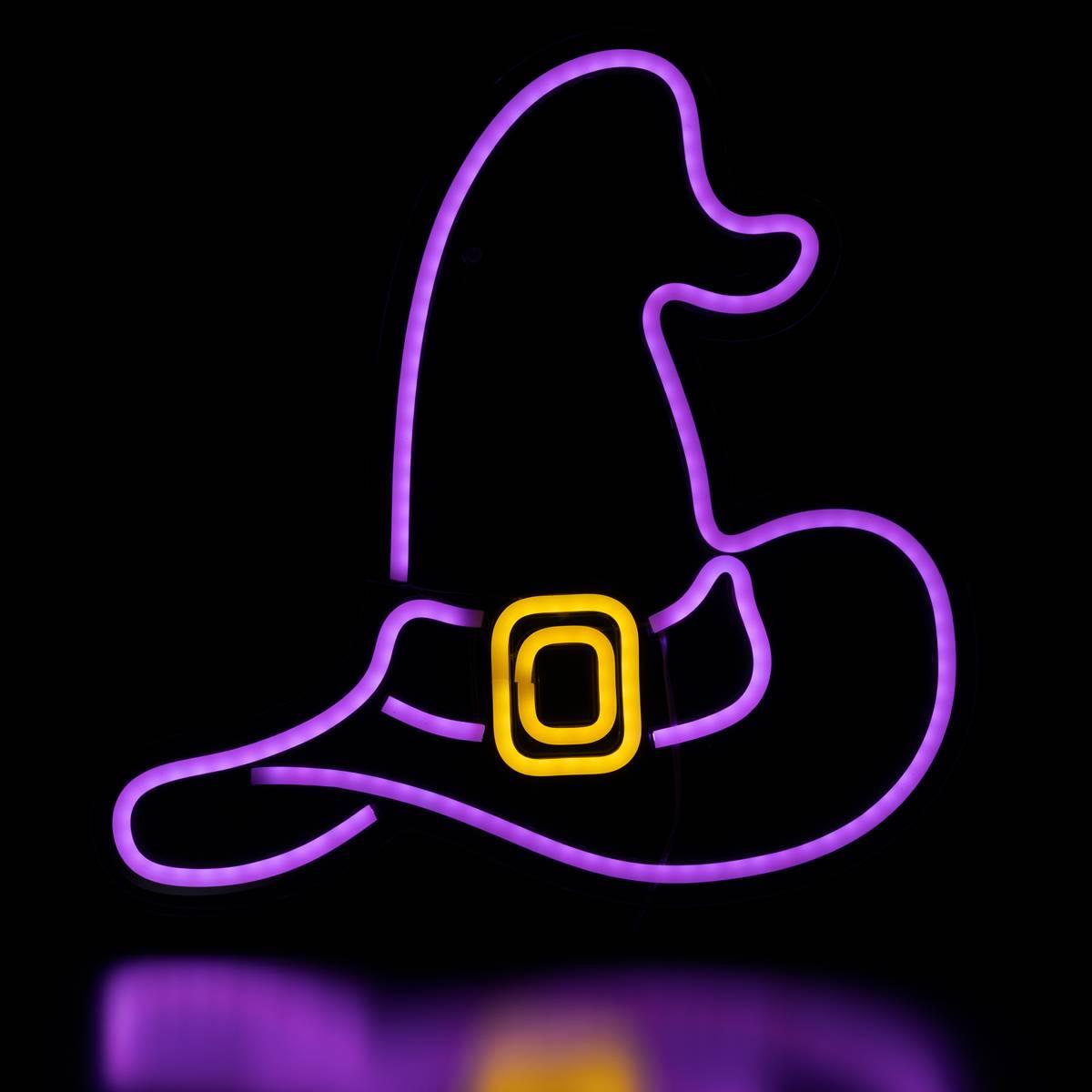 15 Purple LED Lighted Neon Style Witch Hat Halloween Window Silhouette  One Size  Purple