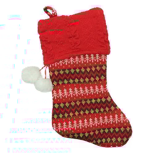19 Red and Green Sweater Knit Christmas Stocking with Pom Poms  One Size  Green