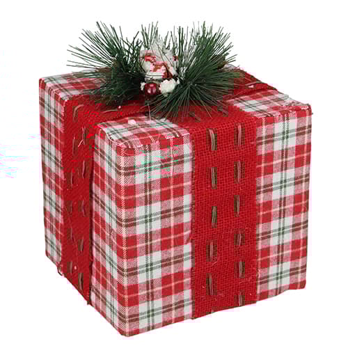 Click here for Northlight Plaid Square Gift Box with Pine Bow Chr... prices