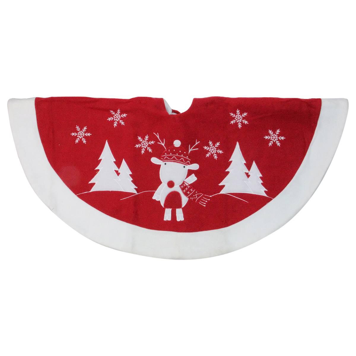 48 Red and White Winter Reindeer Embroidered Christmas Tree Skirt  One Size  White