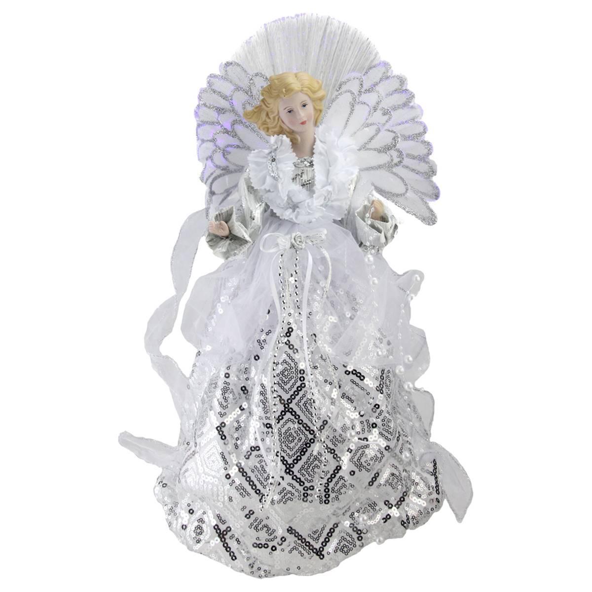 16 White and Silver Lighted Angel Sequined Gown Christmas Tree Topper  One Size  White