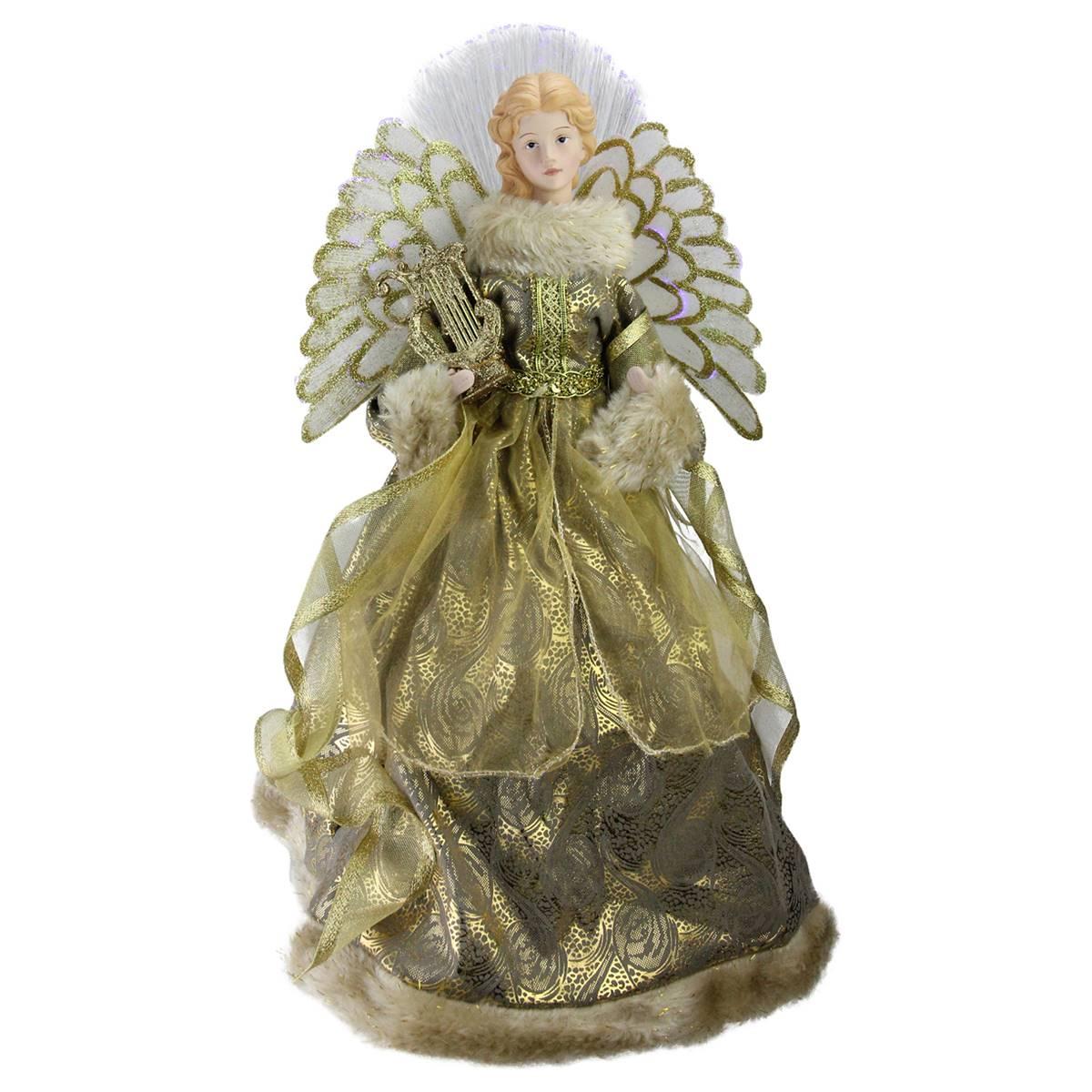 16 Gold and Brown Lighted Angel in Gown with Harp Christmas Tree Topper  One Size  Yellow