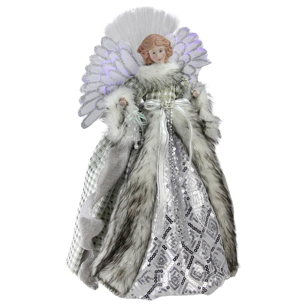 16 Lighted Fiber Optic Angel in Silver Gingham Coat Christmas Tree Topper  One Size  Silver