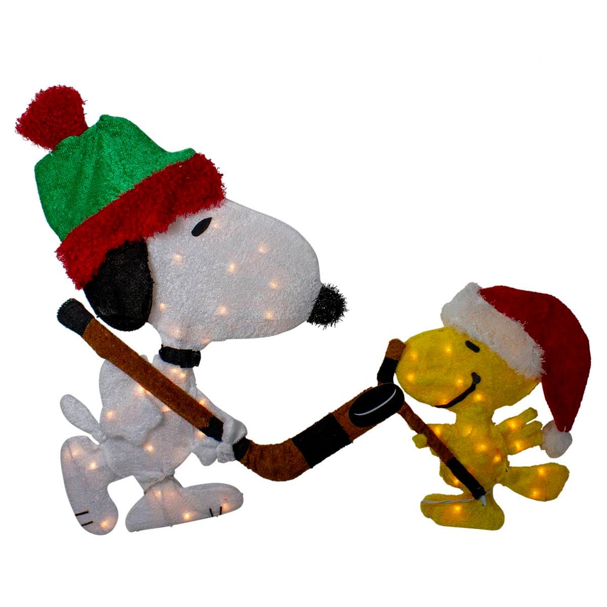 28 Lighted Snoopy and Woodstock Play Hockey Outdoor Christmas Yard Decoration  One Size  White