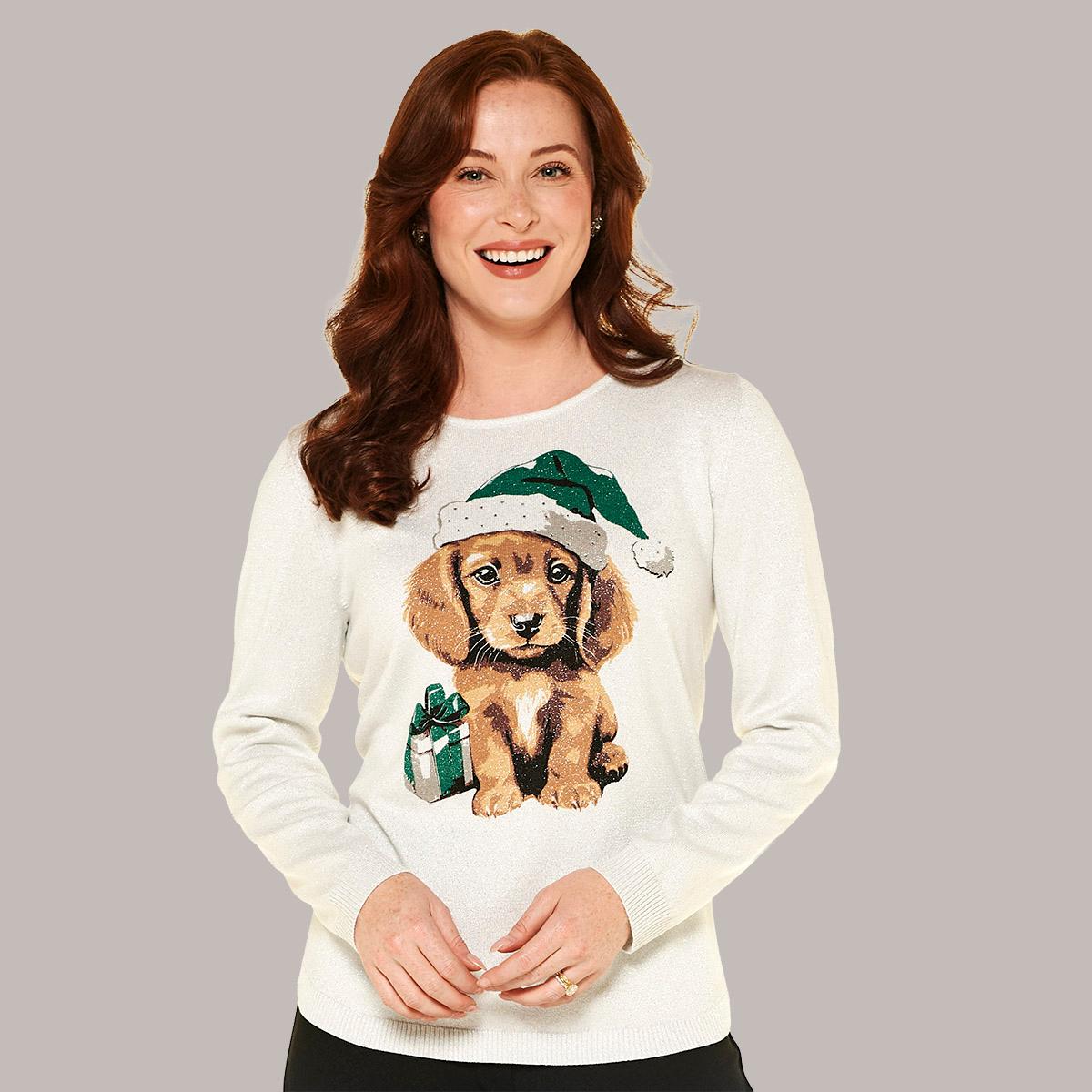 Click here for Womens Emaline Long Sleeve Crew Neck Dog w/Santa H... prices