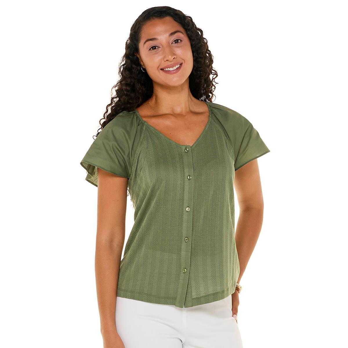 Click here for Womens Zac & Rachel Short Sleeve Stripe Button Fro... prices