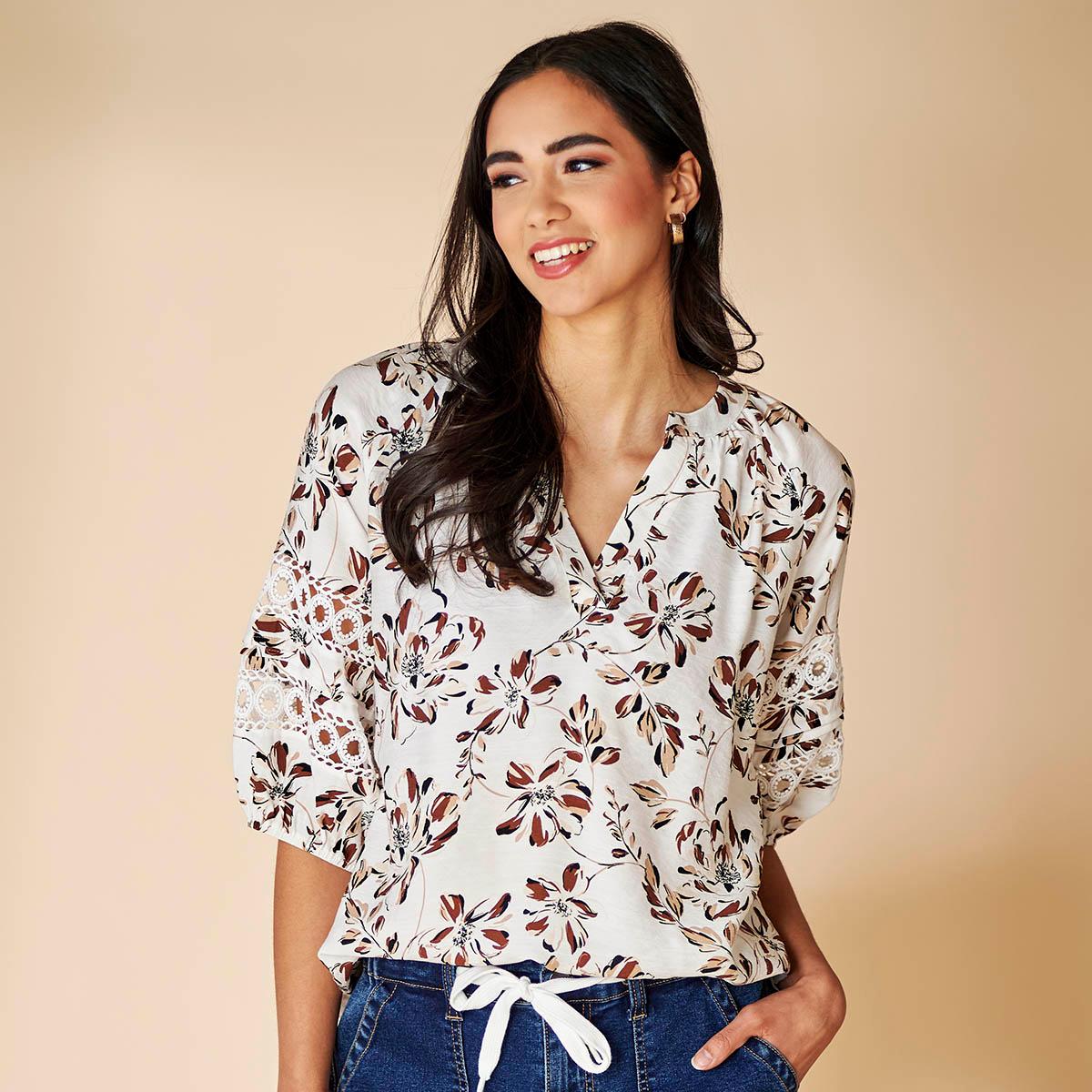 Click here for Womens Como Blue Elbow Sleeve Split Neck Floral Bl... prices