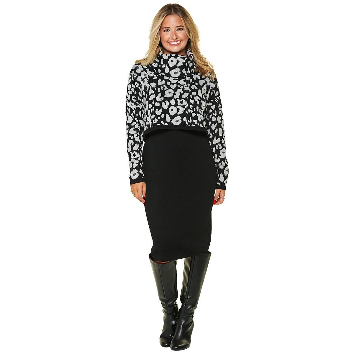 Click here for Womens Nina Leonard Long Sleeve Leopard Sweater Dr... prices