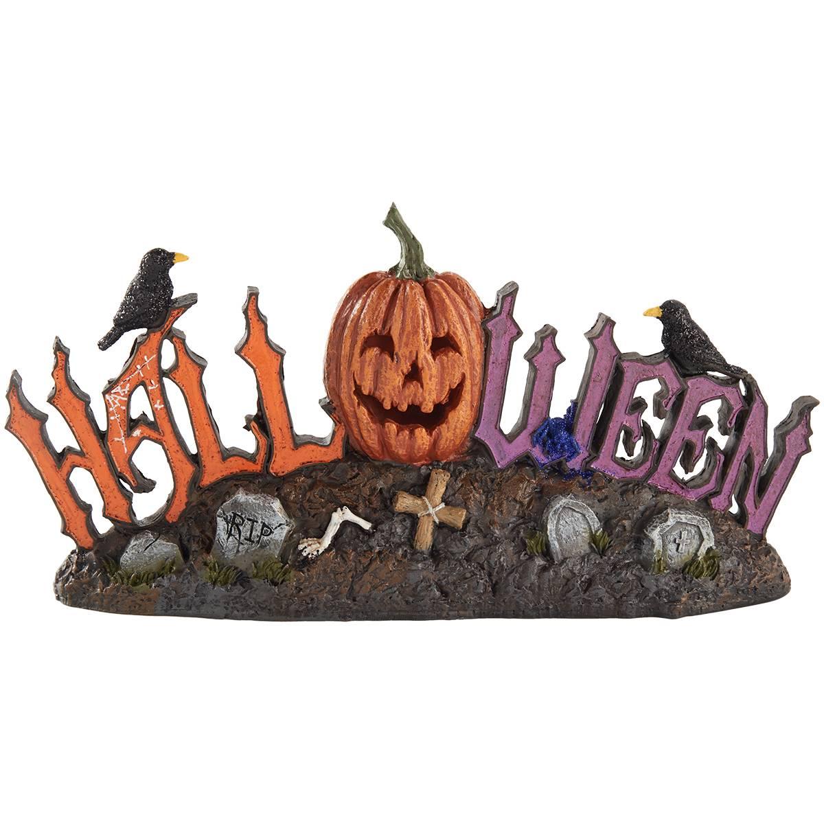 Click here for Pre-Lit Resin Halloween Sign w/ Grave Scene & Crow... prices