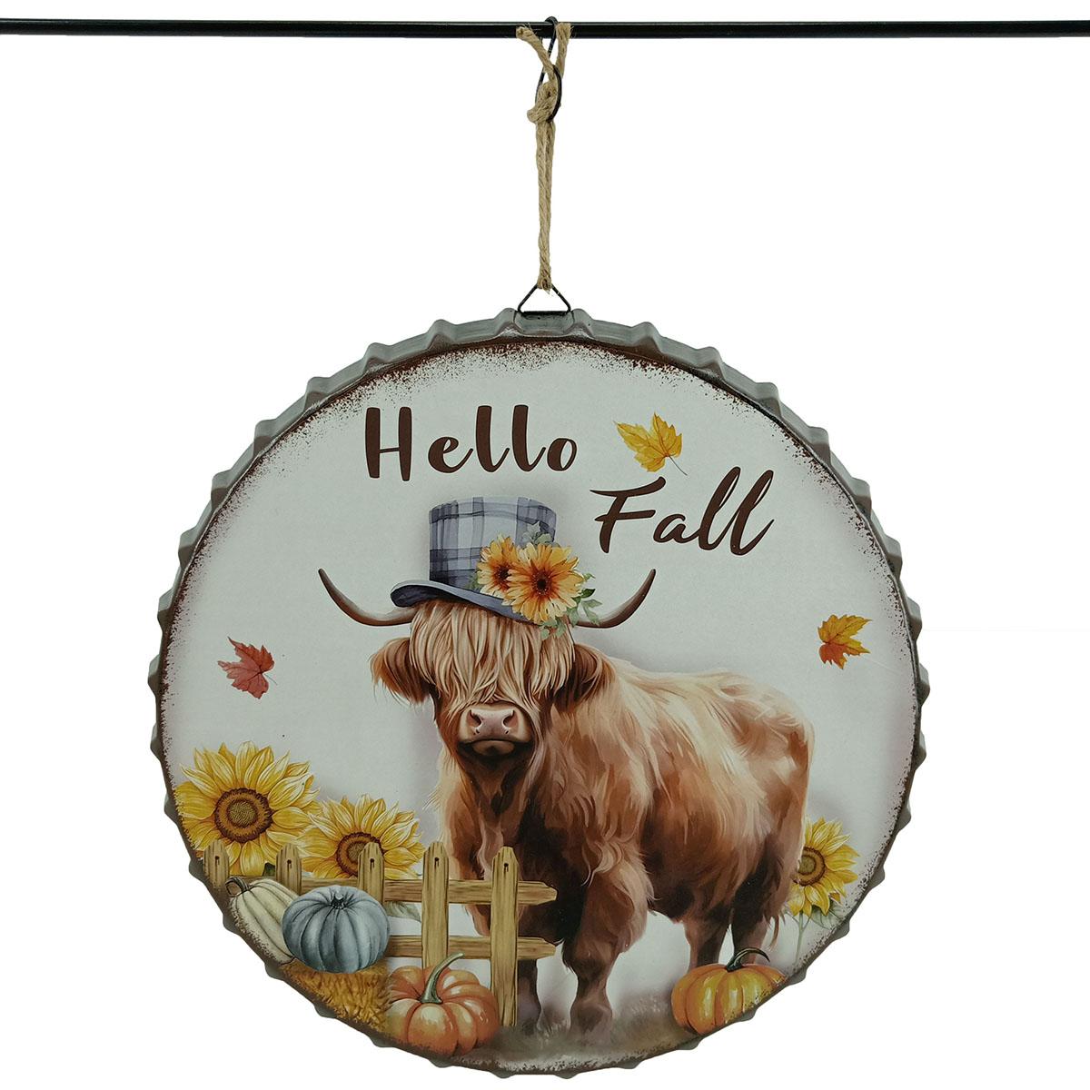 Click here for Metal Bottle Cap Highland Cow Hello Fall Hanging D... prices