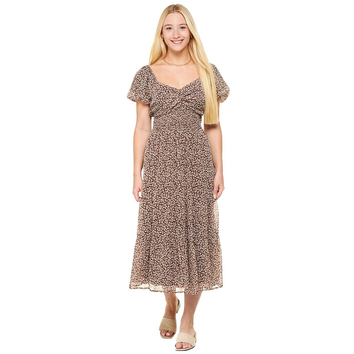 Juniors Trixxi Puff Sleeve Ditsy Yoryu Chiffon Smock Midi Dress