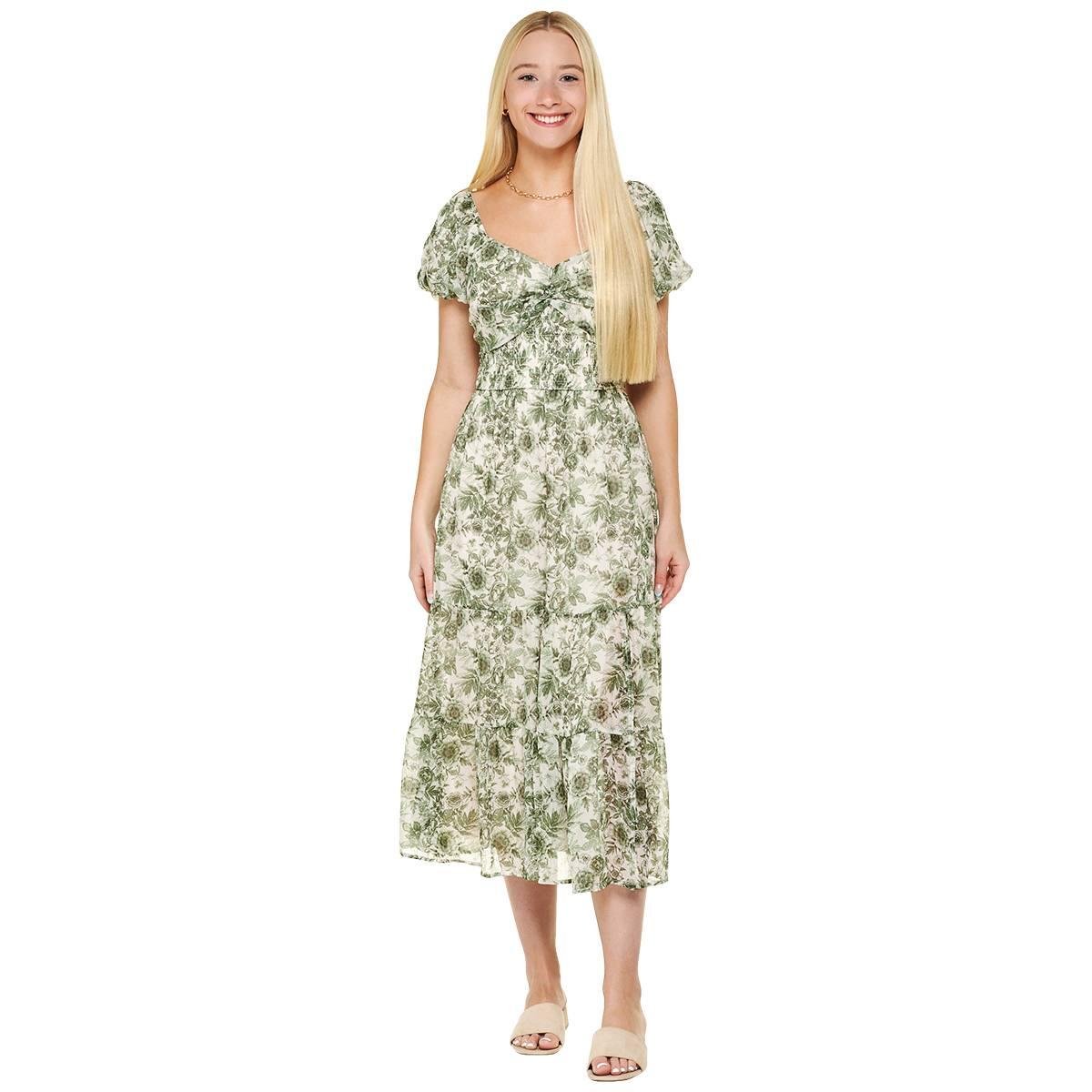 Trixxi Juniors Printed Sweetheart Slit Puff-Sleeve Midi Dress - Off White Floral