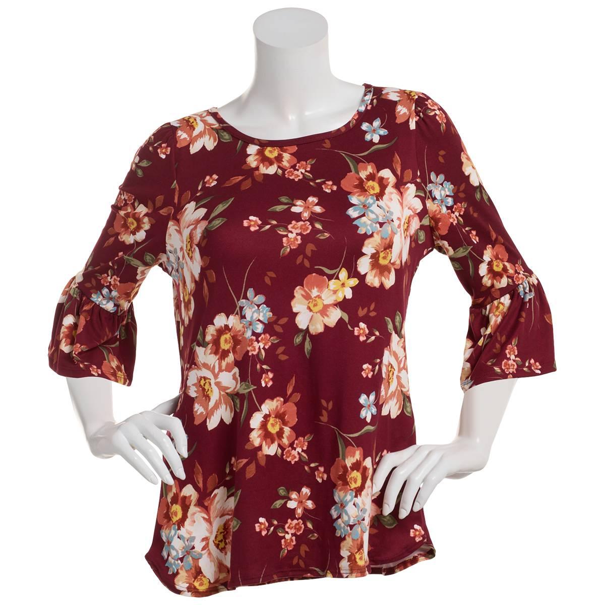 Womens Cest La Vie 3/4 Ruffle Sleeve Floral Blouse