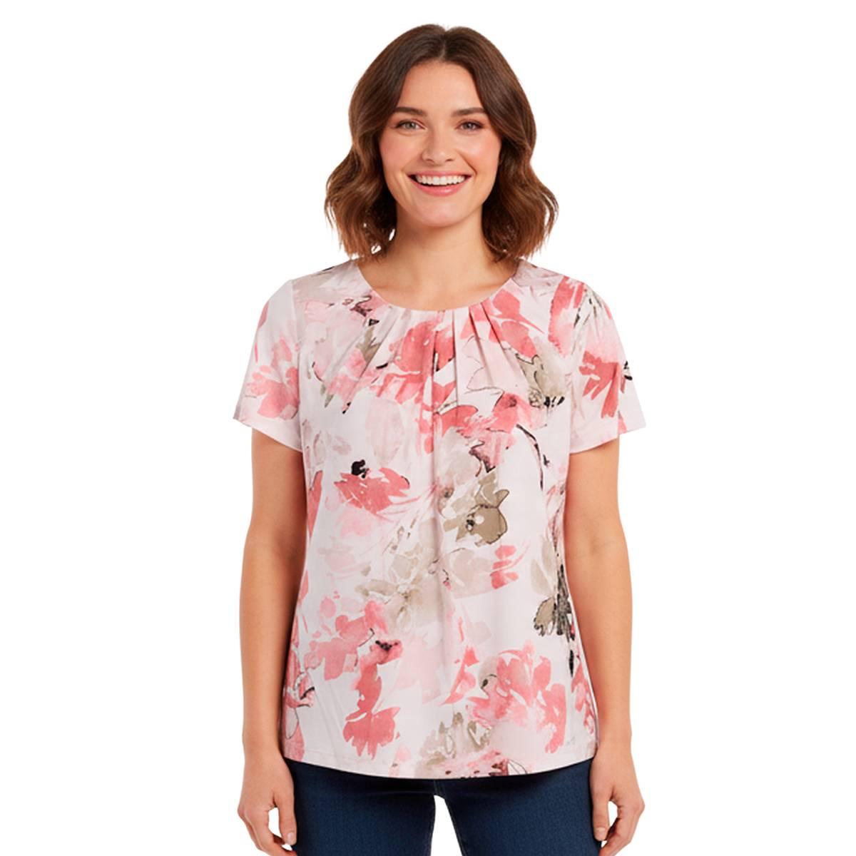 Click here for Petite Calvin Klein Short Sleeve Pleat Neck Floral... prices