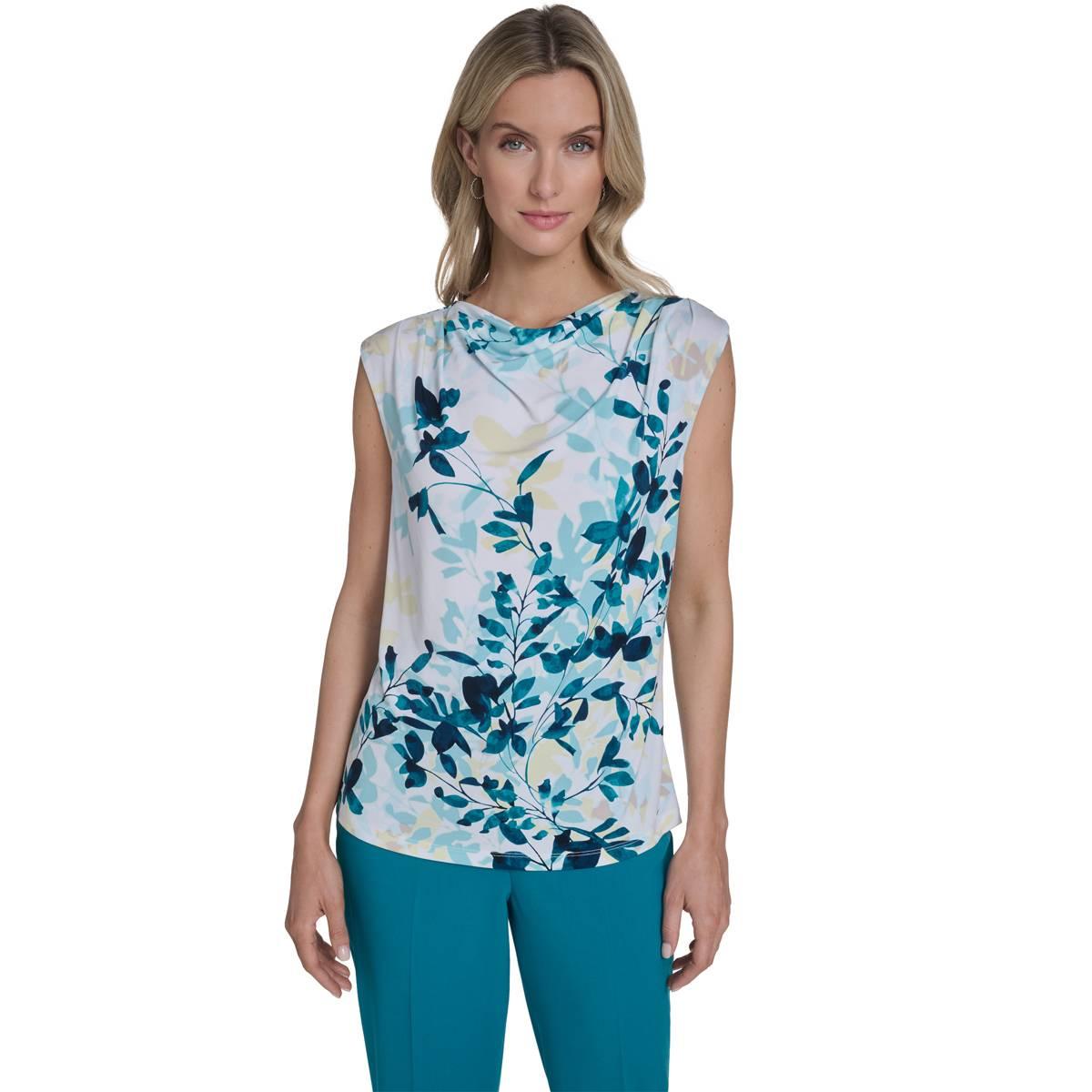 Click here for Petite Calvin Klein Cap Sleeve Drape Neck Leaf Blo... prices