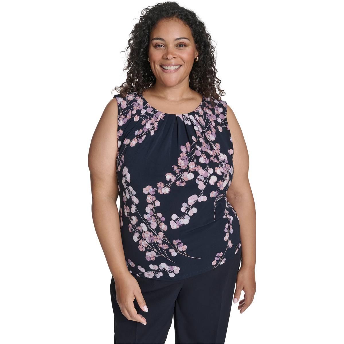 Click here for Plus Size Calvin Klein Sleeveless Pleat Neck Flora... prices