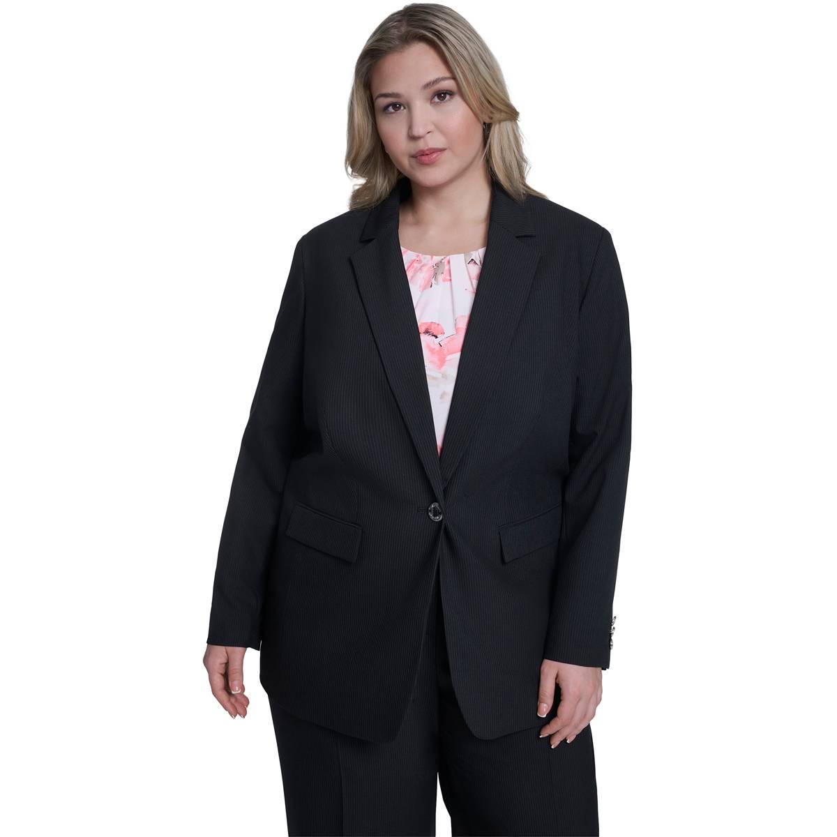 Plus Size Calvin Klein Long Sleeve One Button Pinstripe Blazer