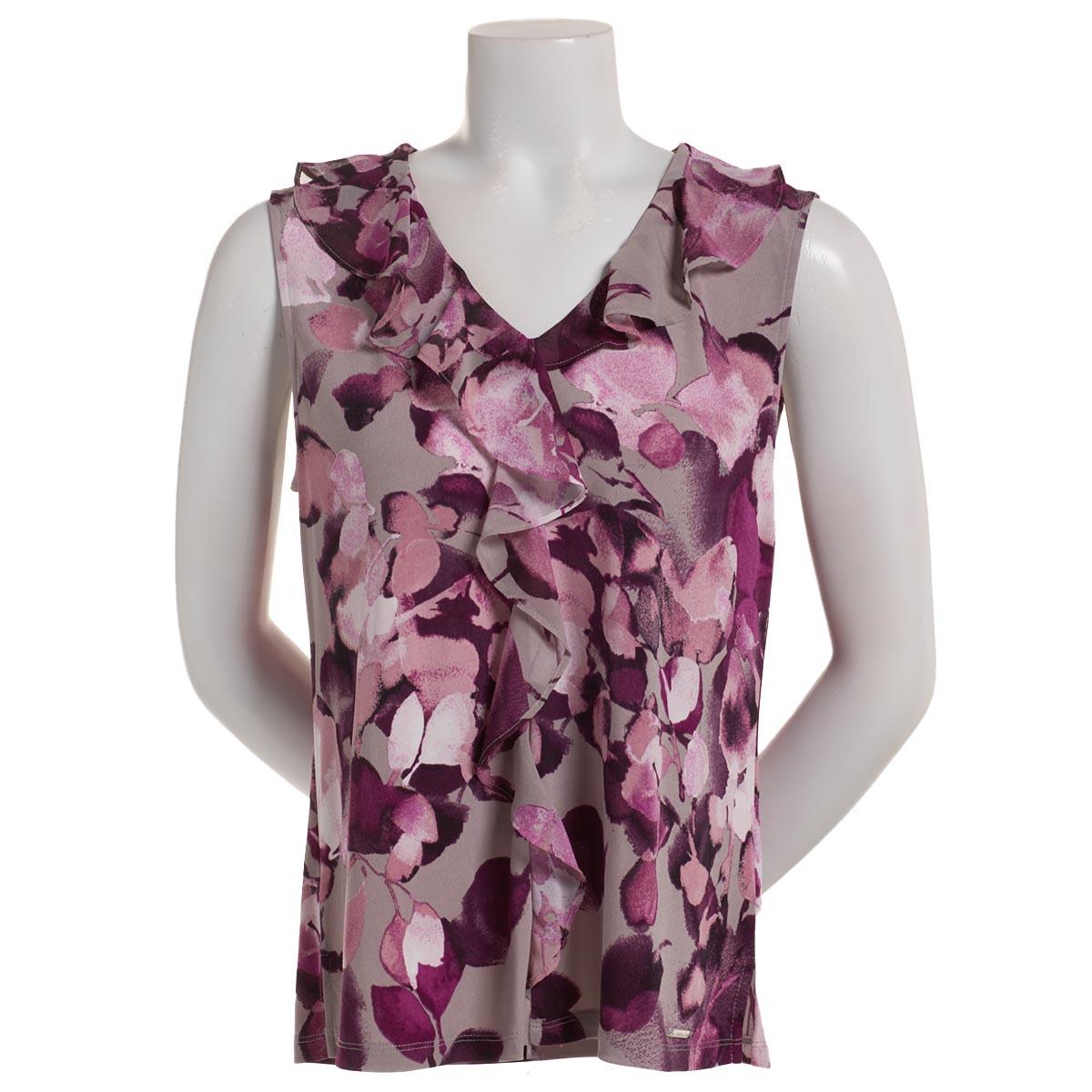 Womens Calvin Klein Sleeveless Ruffle Front Floral Blouse