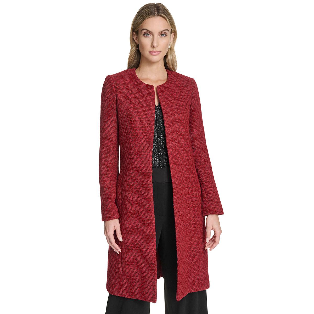 Calvin Klein Womens Open-Front Shoulder Padded Long Jacket - Port/cranberry