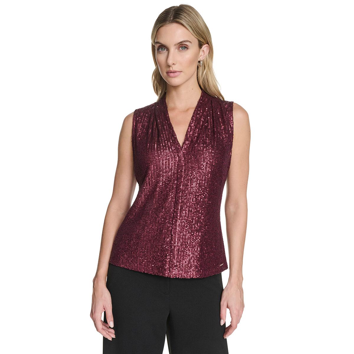 Click here for Plus Size Calvin Klein Sleeveless V Neck Sequin Bl... prices