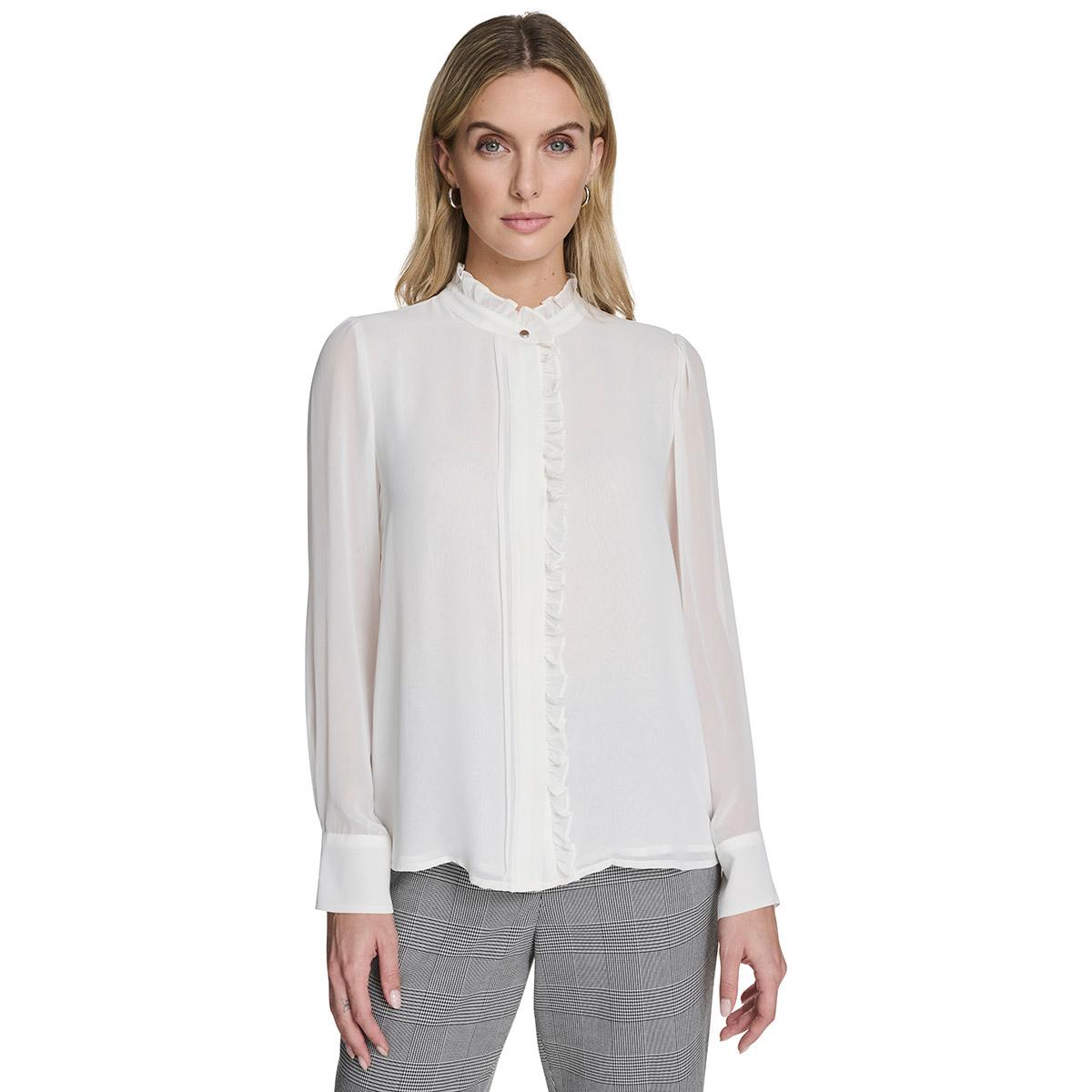 Calvin Klein Womens Ruffle-Front Blouse - Cream