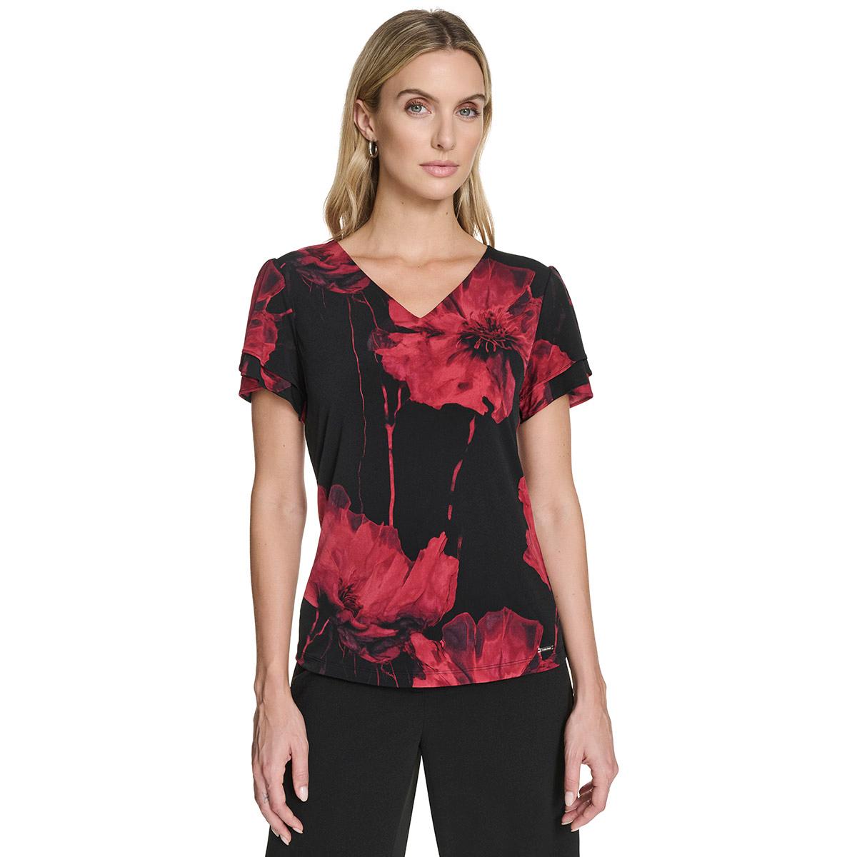 Click here for Plus Size Calvin Klein Floral Short Tier Sleeve V... prices