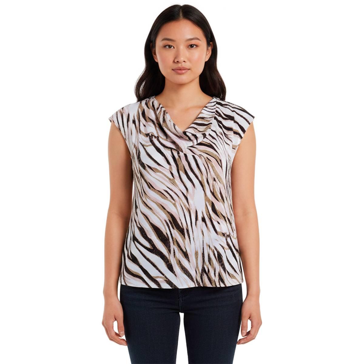 Click here for Womens Calvin Klein Cap Sleeve Zebra Cowl Neck Blo... prices
