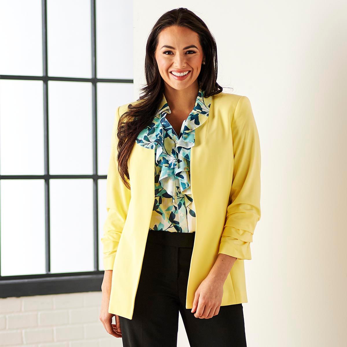 Click here for Womens Calvin Klein 3/4 Ruched Sleeve Open Blazer prices