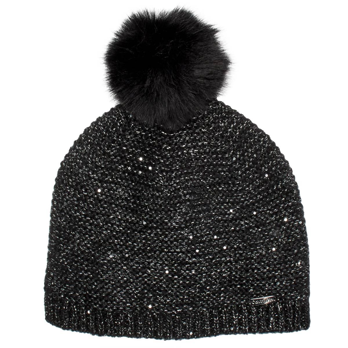Click here for Womens Calvin Klein Mini Sequin Faux Fur Pom Beani... prices