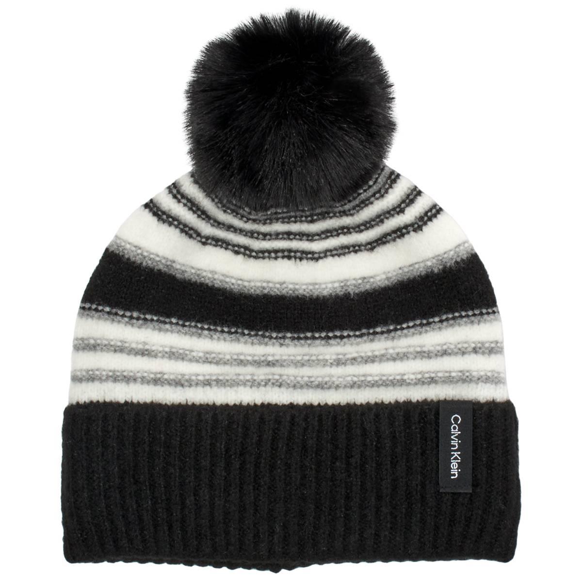Click here for Womens Calvin Klein Textured Stripes Pom Beanie prices